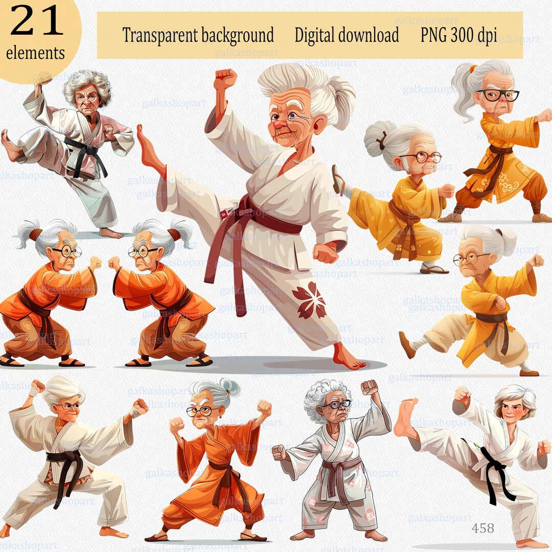 Funny Old Lady Athlete Clipart PNG: Karateka Women in a Fighting Pose ...