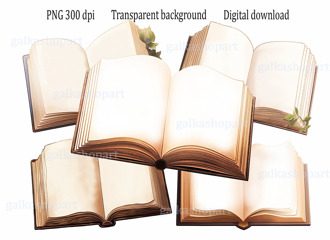 Vintage Open Books Clip Art: Set 5 Digital Antique PNG Images - Etsy