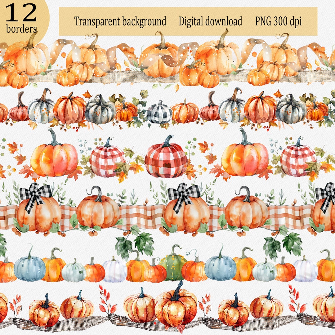 Watercolor Pumpkin Borders Clipart: Set of 12 Seamless Autumn Borders ...