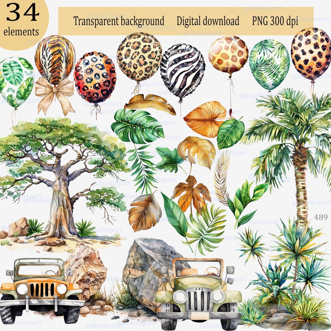 Safari Adventure PNG Clipart – Jungle Car, Tropical Nature Elements ...