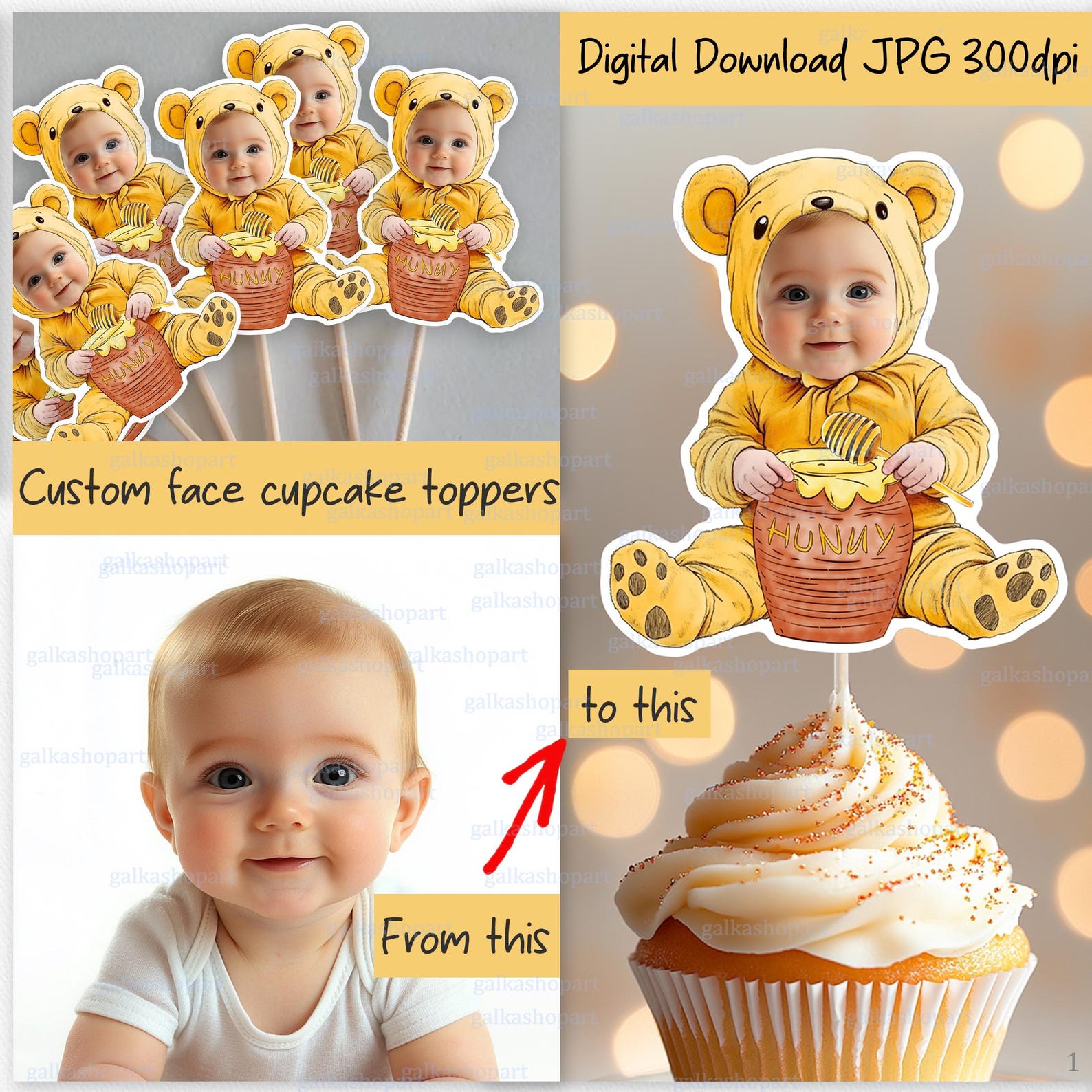 Personalized Face Cupcake Topper, Baby Dressed in Yellow Teddy Bear ...