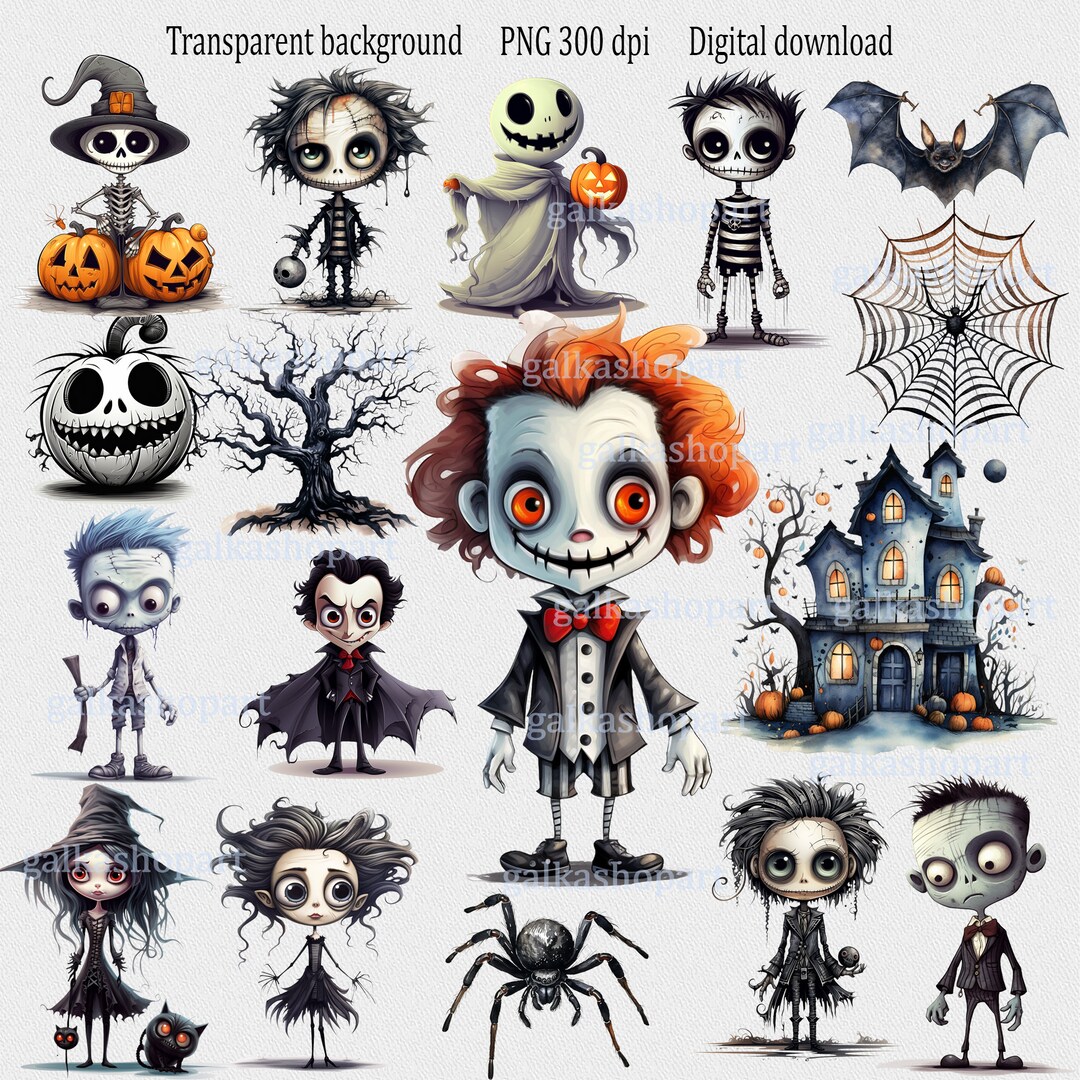 Creepy Cute Halloween Clipart PNG: Spooky Kids, Pumpkin, Ghost, Witch ...