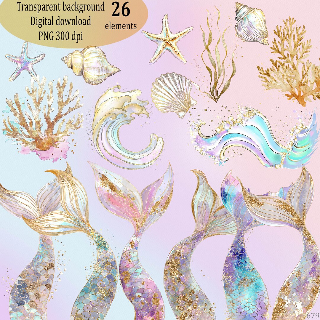 Shimmering Mermaid Fins Clipart PNG – Watercolor Pastel Sea Elements ...