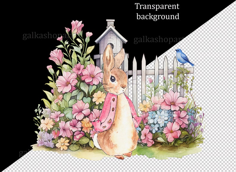 Flopsy Bunny Clipart, Peter Rabbit in Garden With Flowers, Watercolor ...