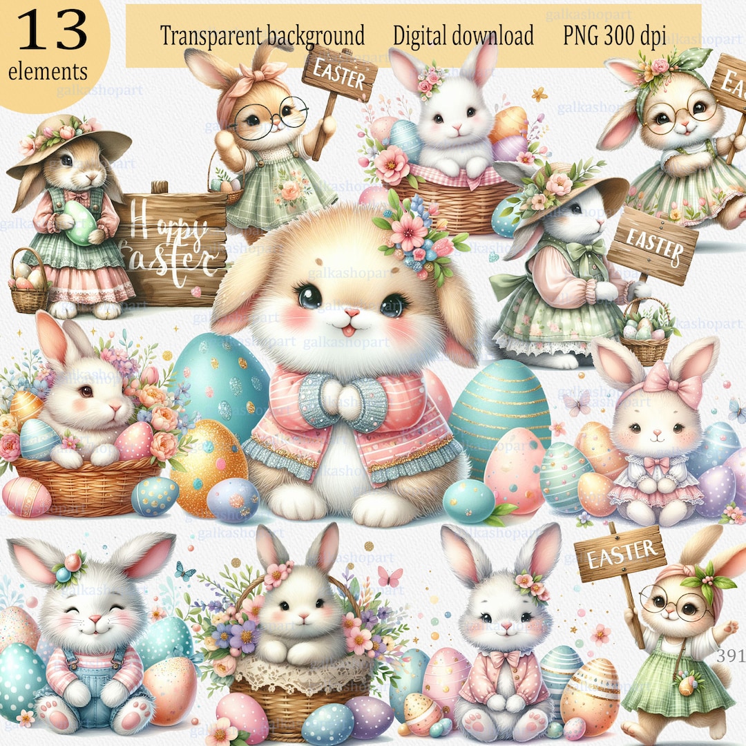 Watercolor Easter Bunny Clipart PNG: Cute Baby Animals, Rabbit Eggs ...
