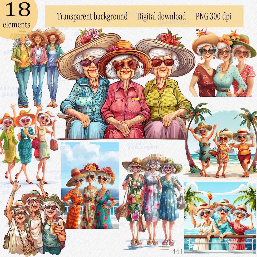 Three Old Ladies Traveler Clipart PNG: Funny Traveling Woman, Cute ...