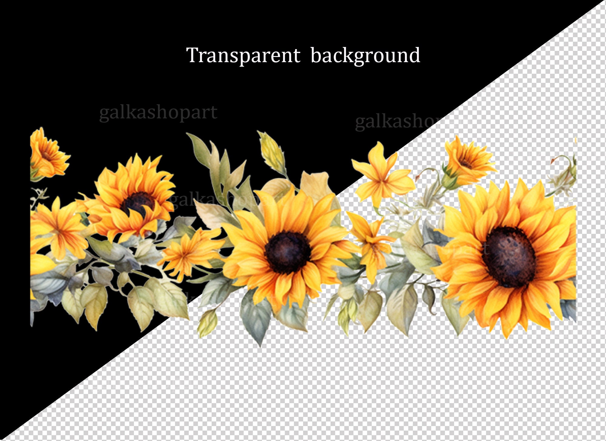 Sunflowers Border Clipart; Floral Frame PNG; Watercolor Flower Garland ...