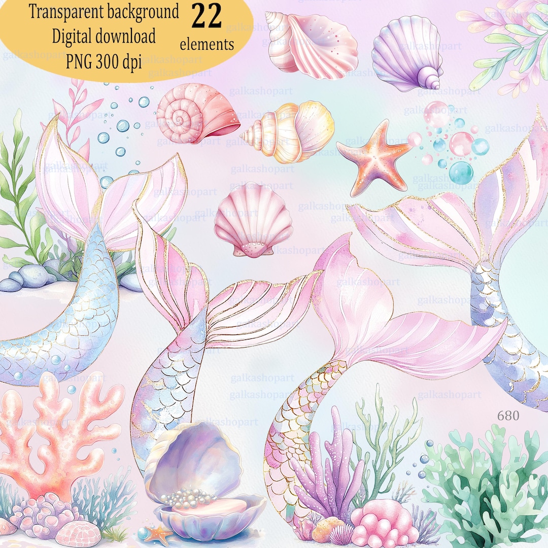 Sea Life & Mermaid Clipart PNG – Watercolor Ocean Animals, Glitter ...