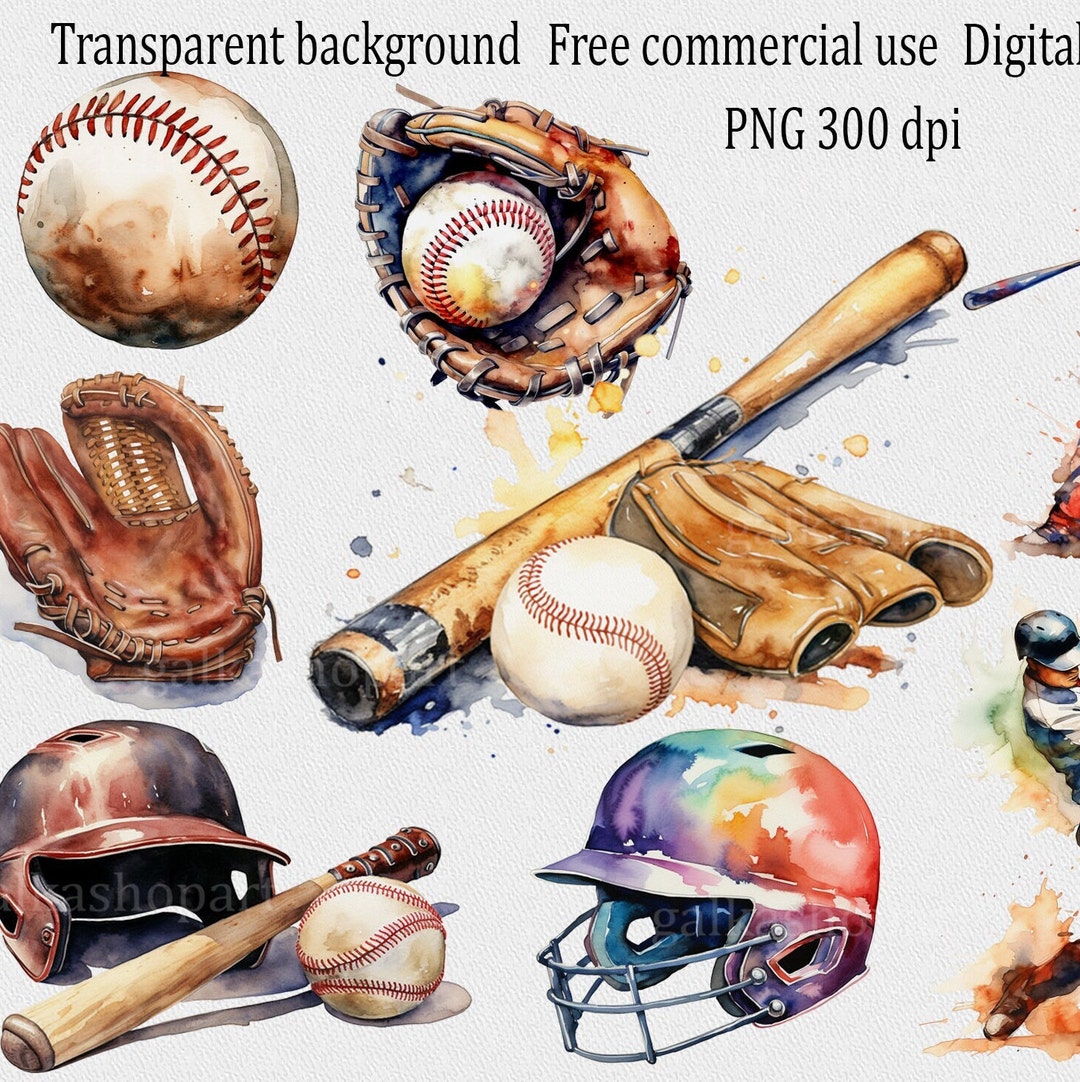 Baseball Watercolor Clipart Bundle: Set of 8 PNG Graphics Perfect for ...