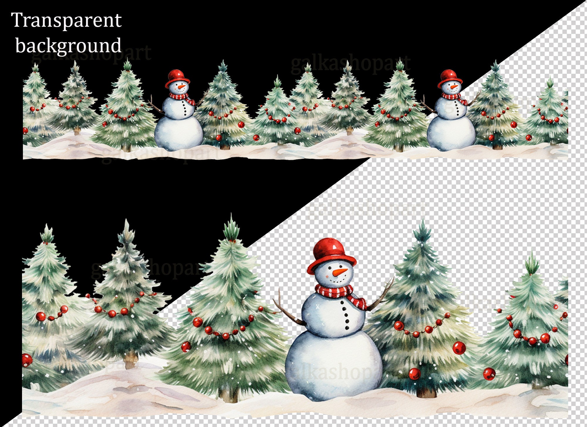Watercolor Christmas Border Clipart PNG: Frame of Xmas Tree & Snowmen ...