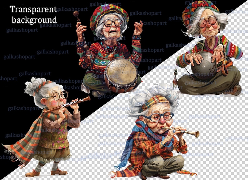 Funny Old Ladies Clipart PNG: Cute Granny Musicians With Ethno ...