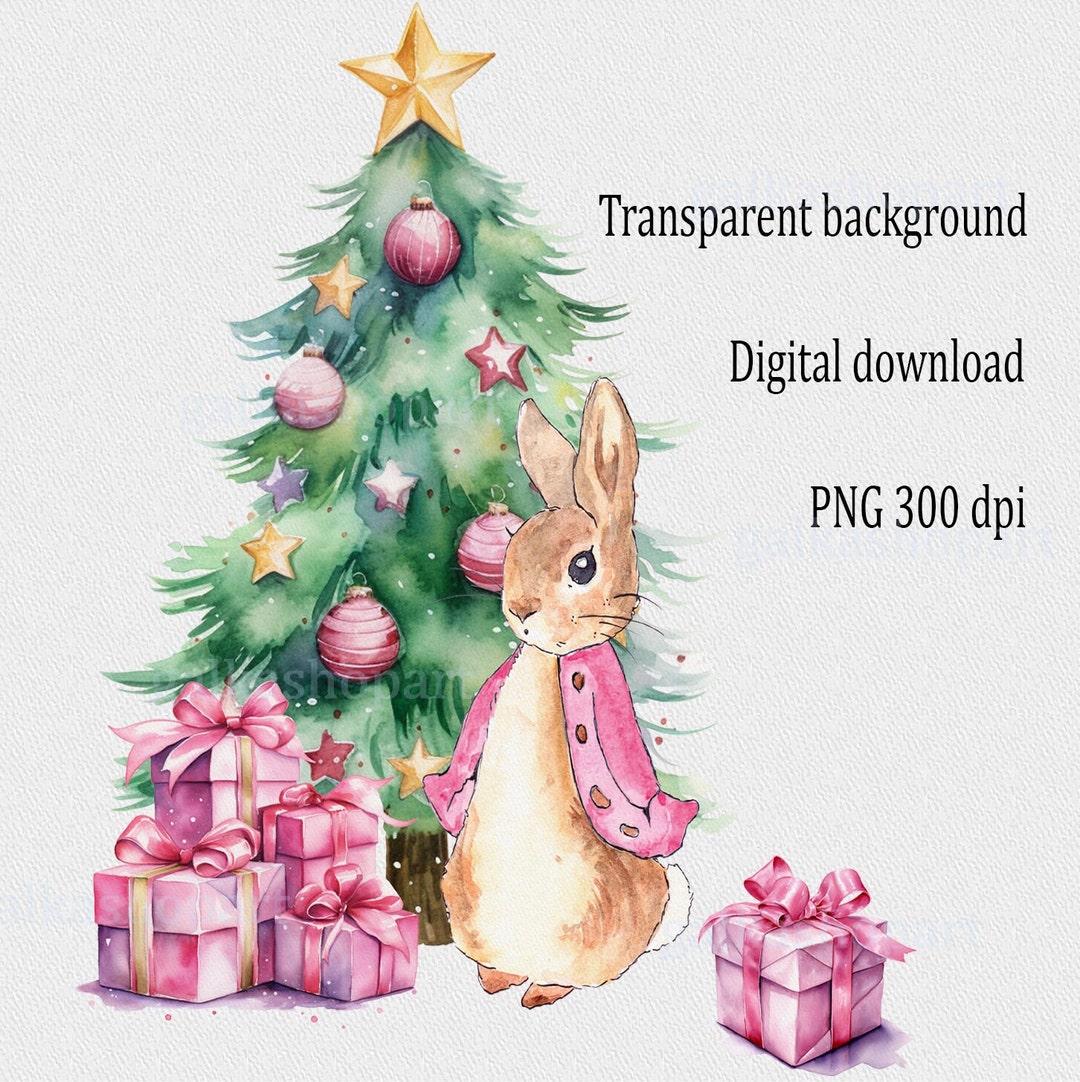 Flopsy Bunny Christmas Tree Clipart PNG: Watercolor Pink Peter Rabbit ...