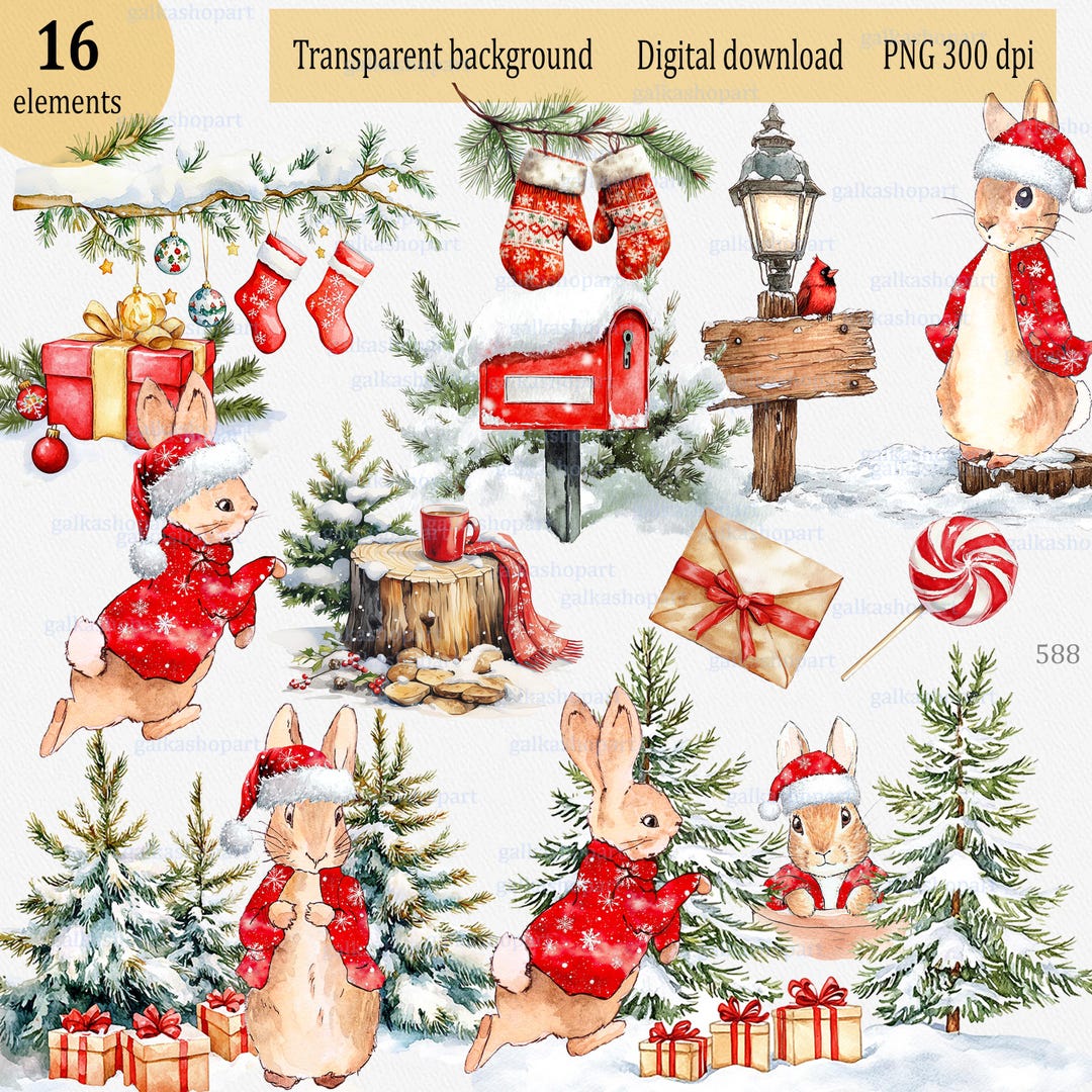 16 Christmas Peter Rabbit Clipart PNG: Watercolor Flopsy Bunny and ...