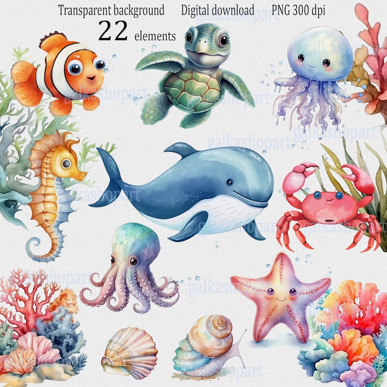 Cute Ocean Animals Clipart Set, Sea Life Watercolor PNG, Kids Marine ...
