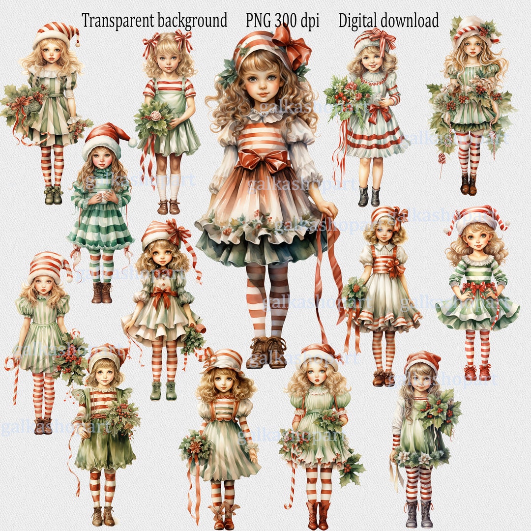 Holly Jolly Girls Clipart: Christmas Collection of 14 PNG Files for ...