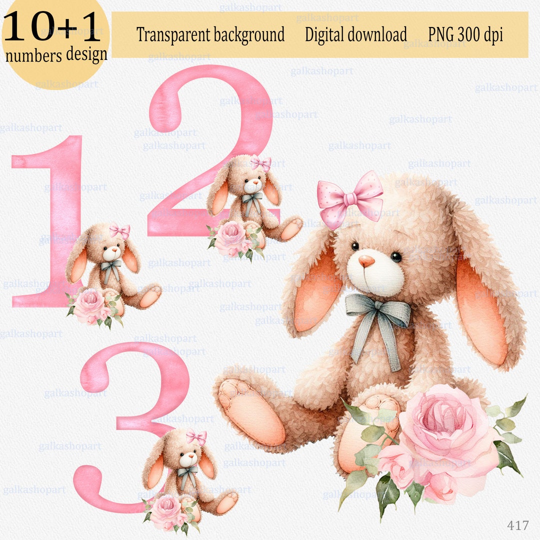 Birthday Girl Bunny Number Clipart: Watercolor Plush Rabbit With Pink ...