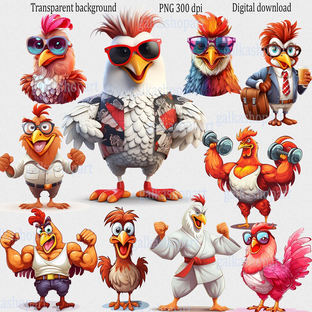 Cartoon Farm Roosters Clipart – Set of 10 Pngs: Karate Chicken, Glam ...