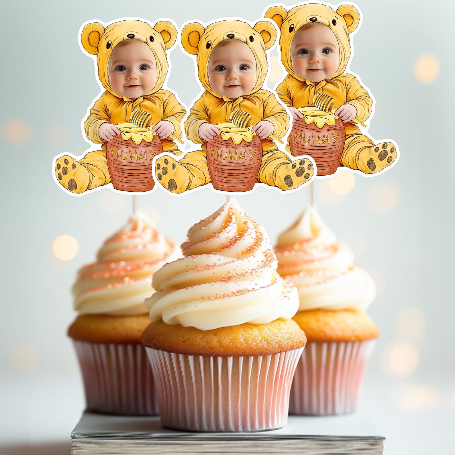 Personalized Face Cupcake Topper, Baby Dressed in Yellow Teddy Bear ...