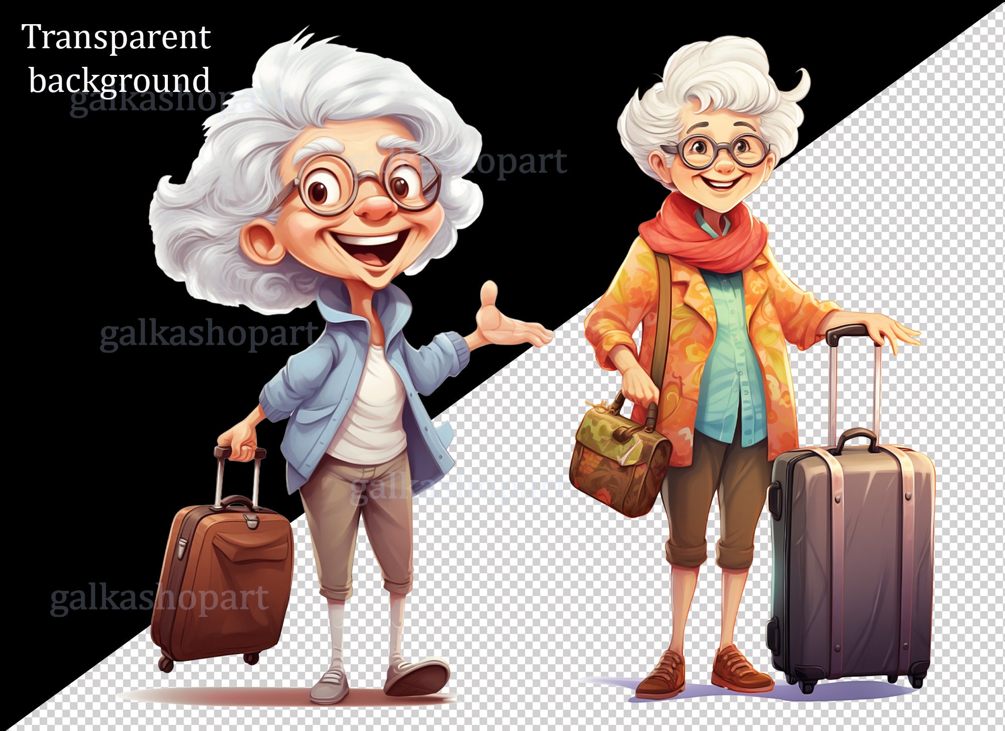 Old Ladies Traveler Clipart PNG: Funny Traveling Woman, Cute Cartoon ...