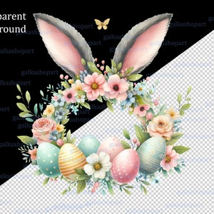 Happy Easter Floral Bunny Wreaths & Borders PNG Clipart: Rabbit Ears ...