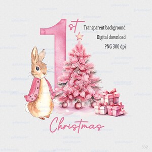 Watercolor Pink Peter Rabbit Xmas Design: Christmas Tree Clipart PNG ...