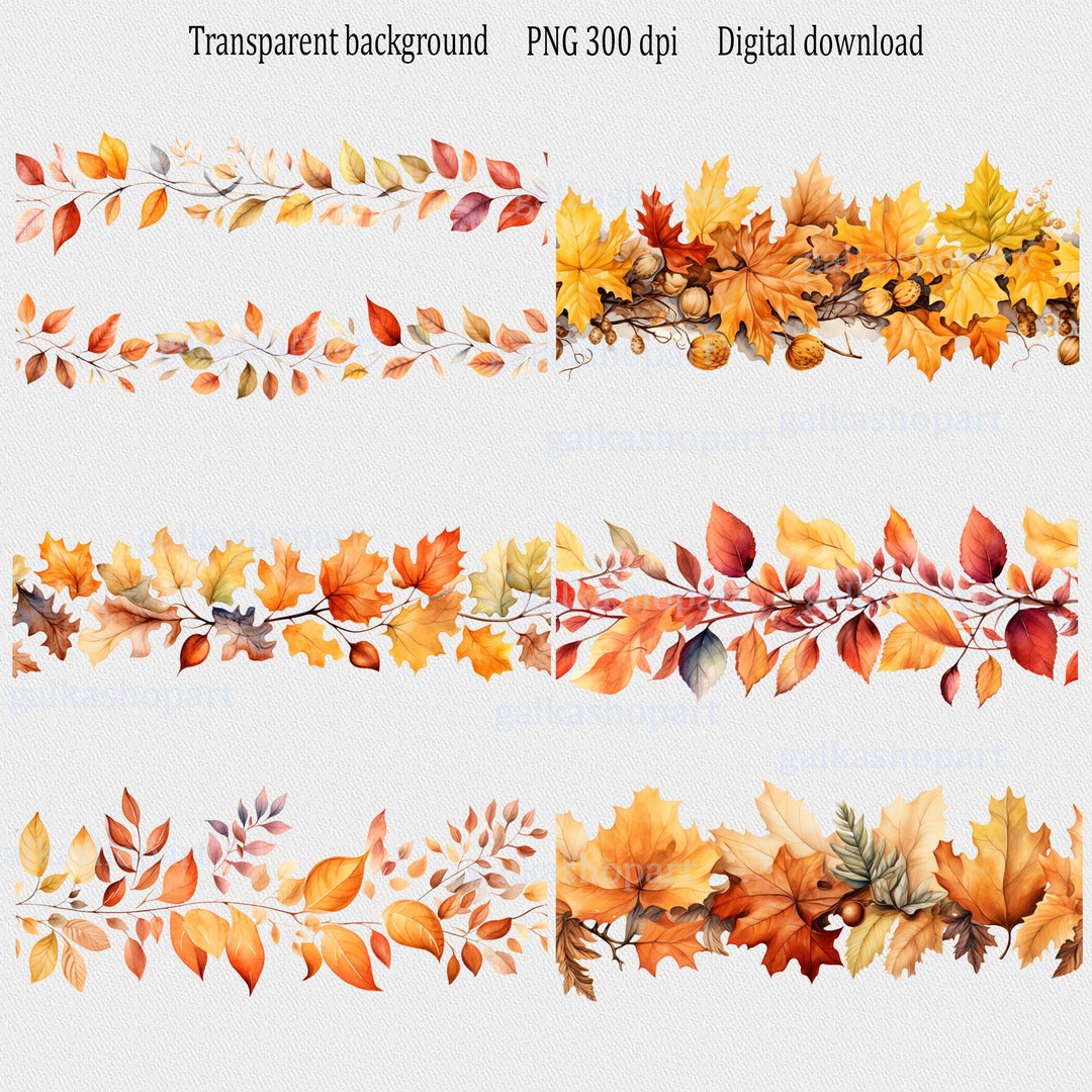 Watercolor Autumn Borders Clipart: Set of 6 Seamless Leaves Borders ...