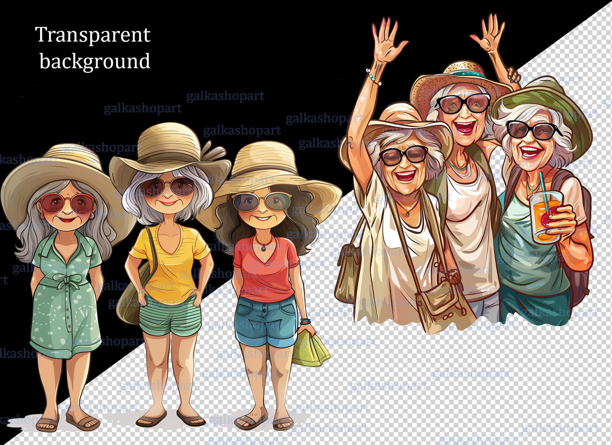 Three Old Ladies Traveler Clipart PNG: Funny Traveling Woman, Cute ...