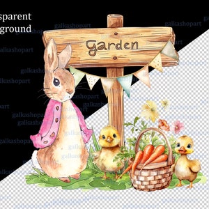 Peter Rabbit Easter Clipart PNG: Gardening Bunny, Ducklings, Carrots ...