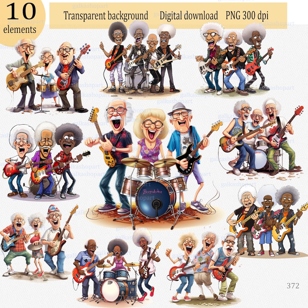 Elderly Rock Band Clipart PNG: Whimsical Grandparents Playing Guitar ...
