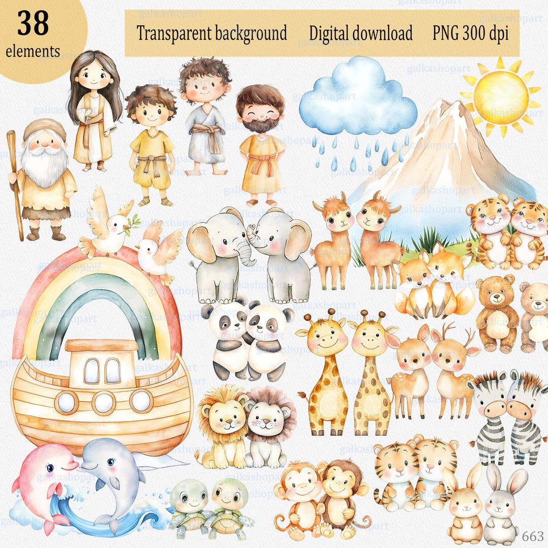 Noah's Ark Watercolor Clipart, Bible Story, Baby Animal Pairs ...