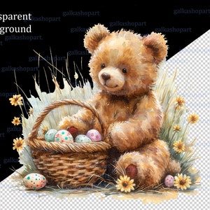 Illustration of Teddy Bear & Easter Basket With Eggs and Wildflowers ...