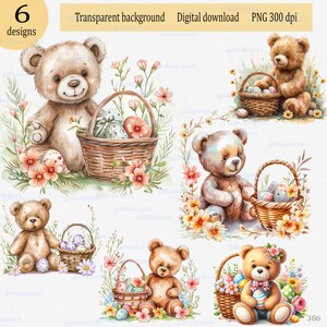 Illustration of Teddy Bear & Easter Basket With Eggs and Wildflowers ...