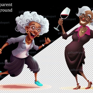 Funny Cartoon Clipart PNG of Old Afro-american Ladies: Cute Drunk ...