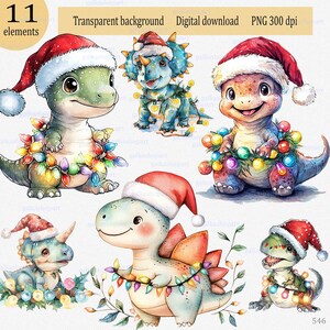 11 Christmas Baby Dinosaurs With String Lights PNG Clipart: Watercolor ...