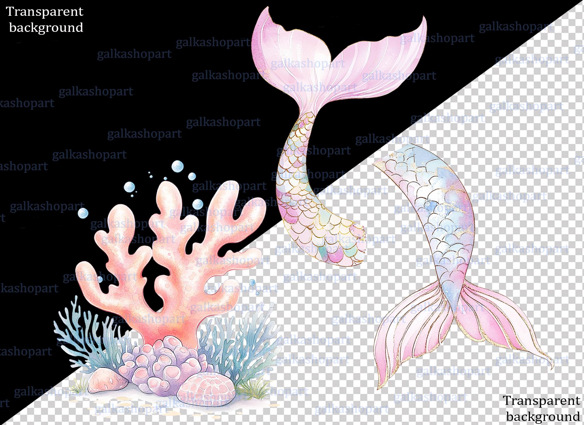 Sea Life & Mermaid Clipart PNG – Watercolor Ocean Animals, Glitter ...