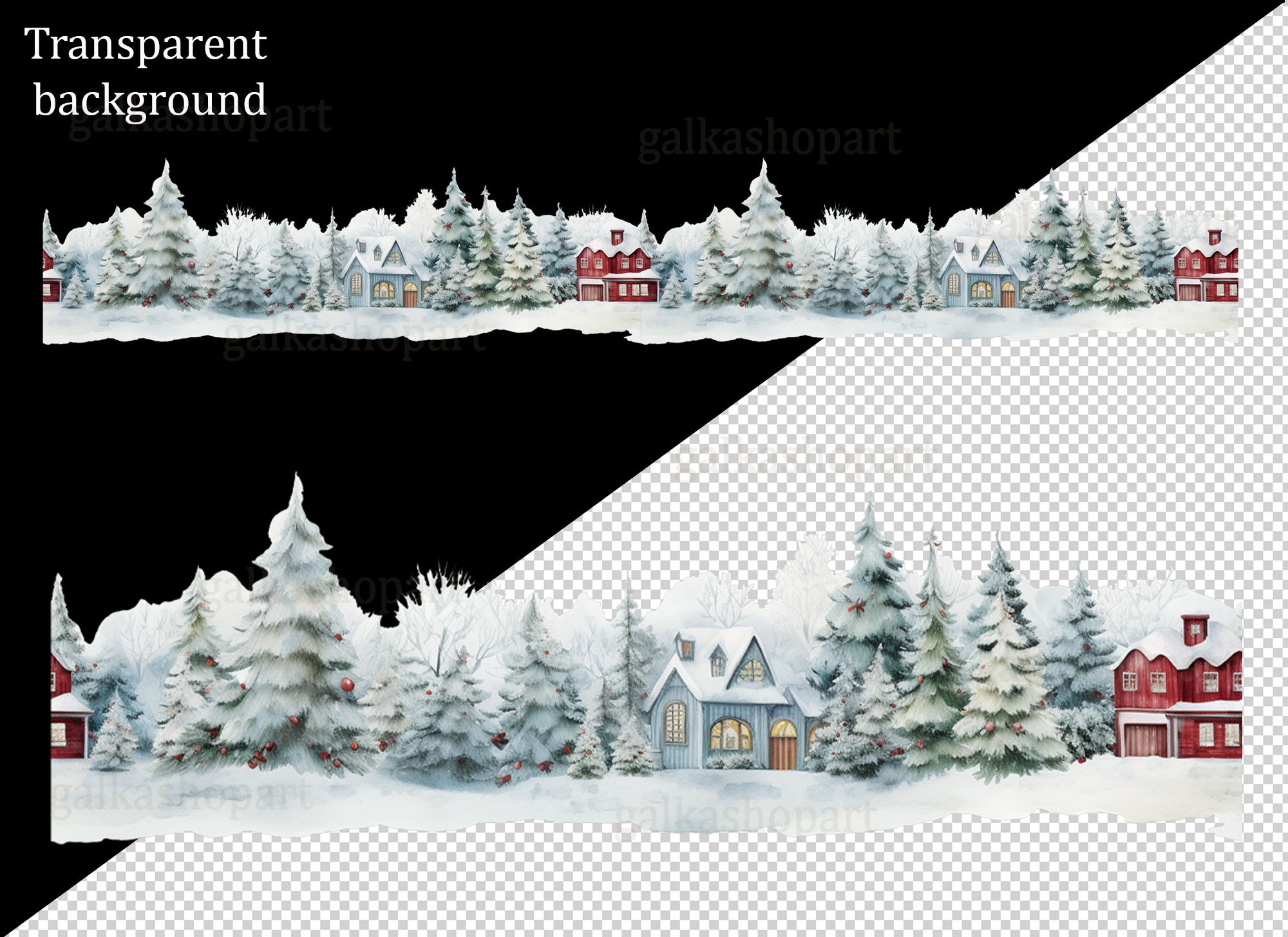 Watercolor Christmas Border Clipart PNG: Frame of Xmas Tree & Snowmen ...