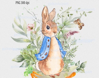 Peter Rabbit in Garden With Blue Flowers Clipart, Watercolor Birdhouse ...