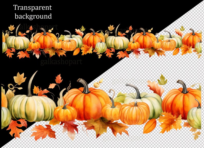 Watercolor Pumpkin Borders Clipart: Set of 7 Seamless Autumn Borders ...