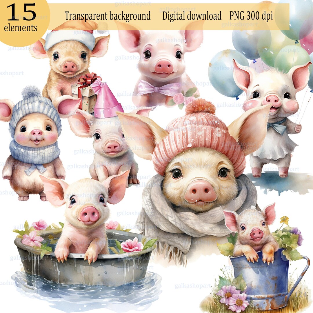 Watercolor Cute Baby Pig in Bucket on the Meadow Clipart, Farm Animal ...