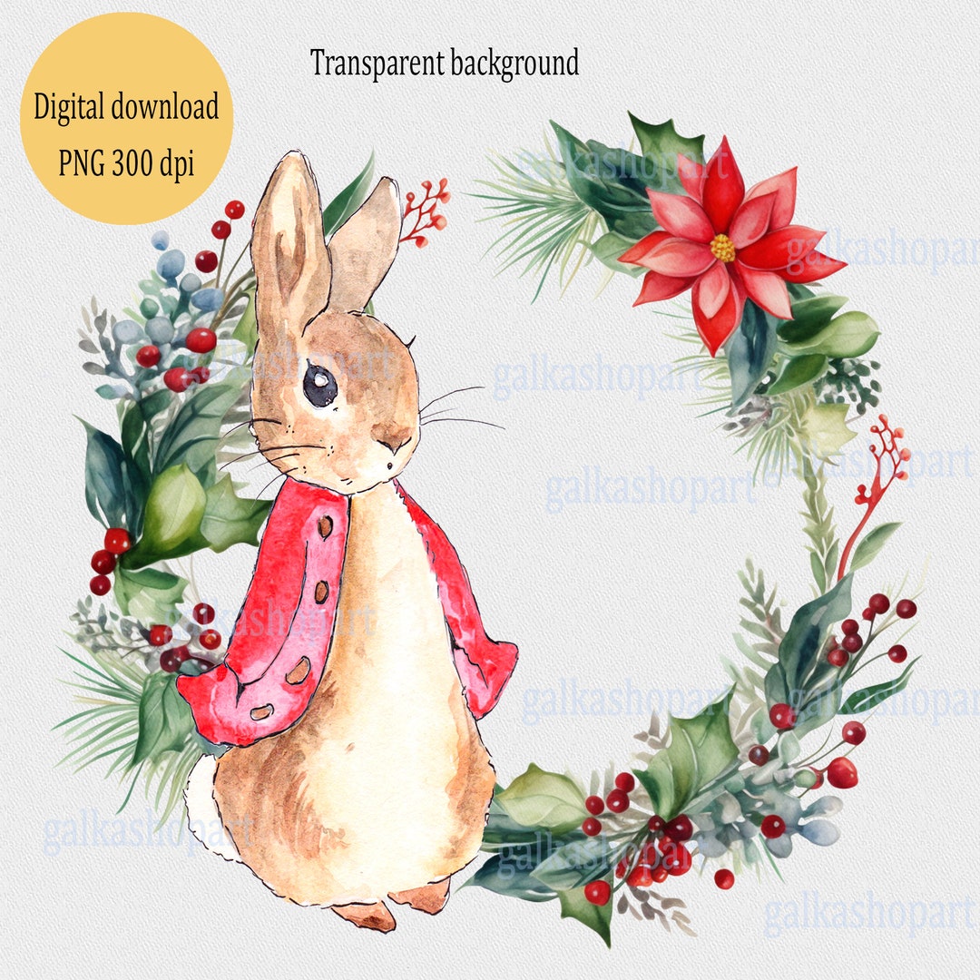 Peter Rabbit Christmas Wreath Clipart PNG: Watercolor Red Bunny Xmas ...