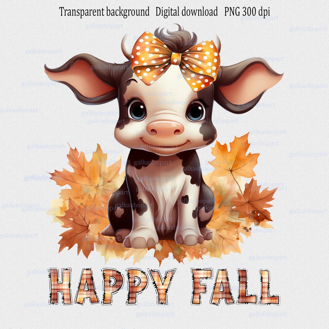 Happy Fall With Cute Baby Cow Sublimation Design Png: Fall Foliage ...