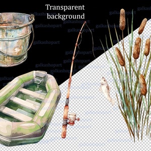 Fishing Set Clipart PNG: Watercolor Tackle & Fish, Fisherman, Tourism ...