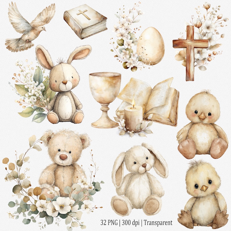 Neutral Christian Easter Clipart Set With Teddy Bear, Bunny, Chick ...