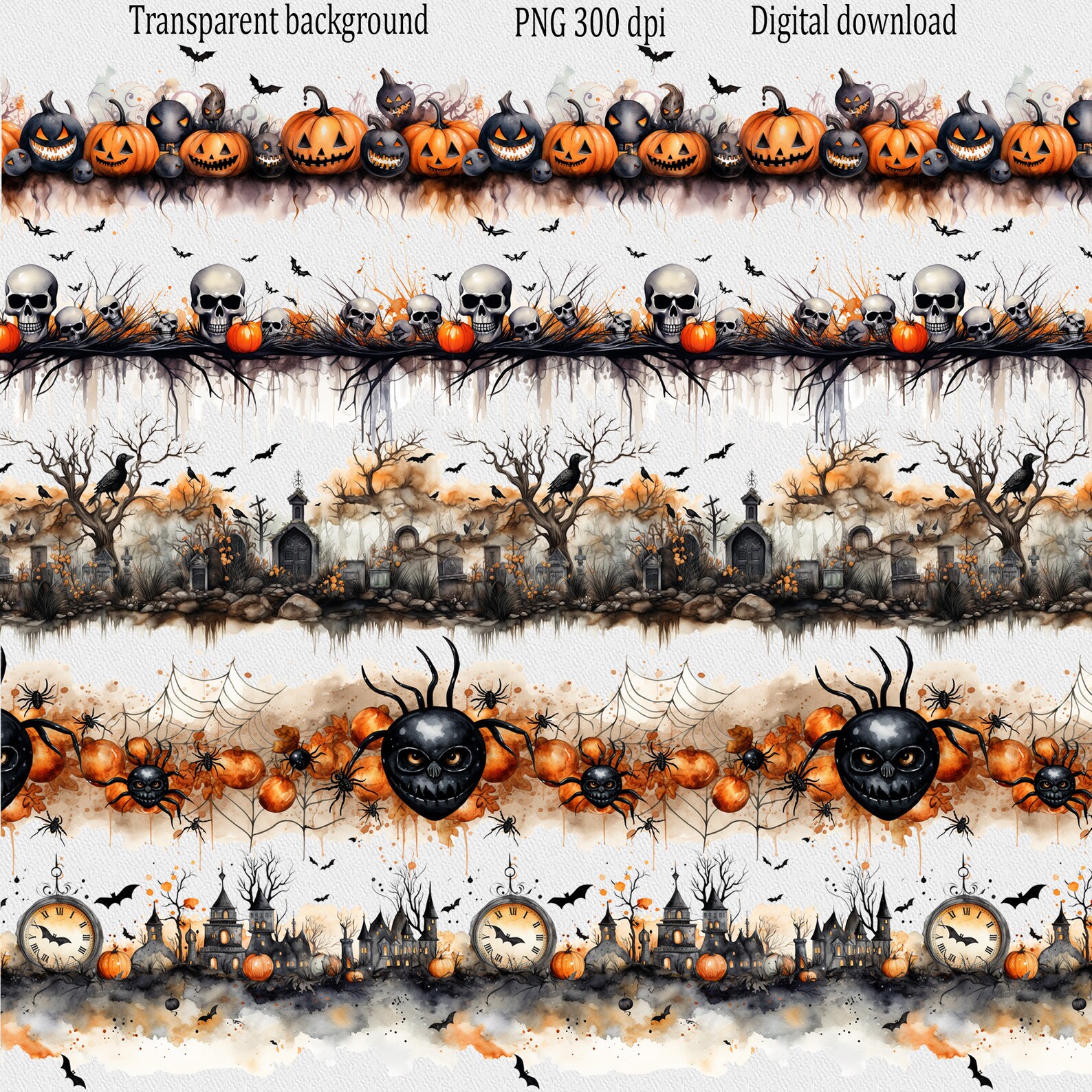 Watercolor Halloween Seamless Border Clipart: Autumn Frame PNG; Fall ...