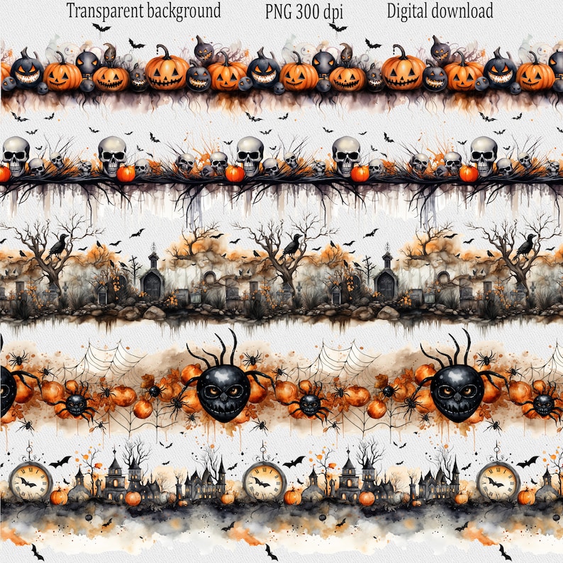 Watercolor Halloween Seamless Border Clipart: Autumn Frame PNG; Fall ...