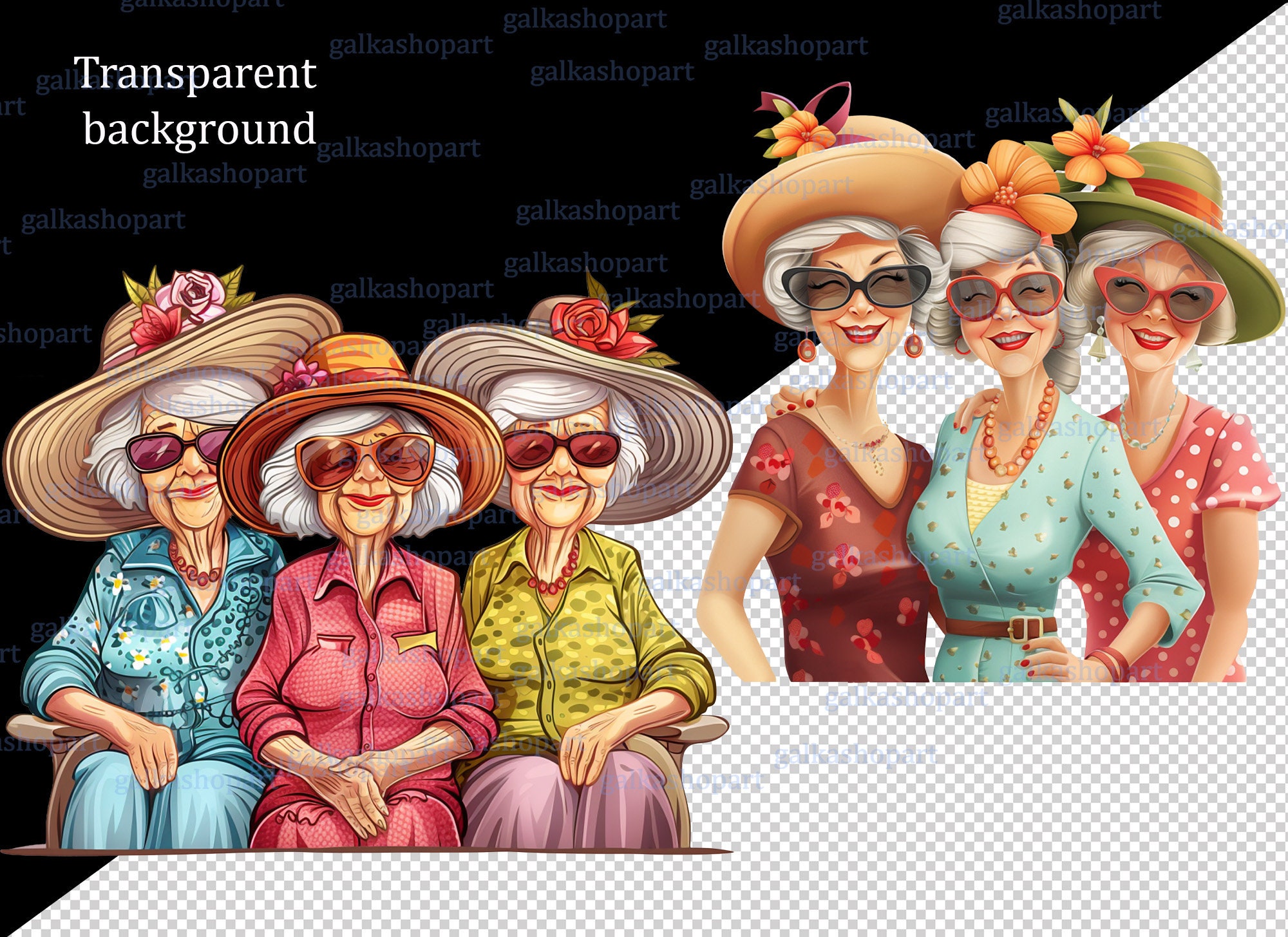 Three Old Ladies Traveler Clipart PNG: Funny Traveling Woman, Cute ...