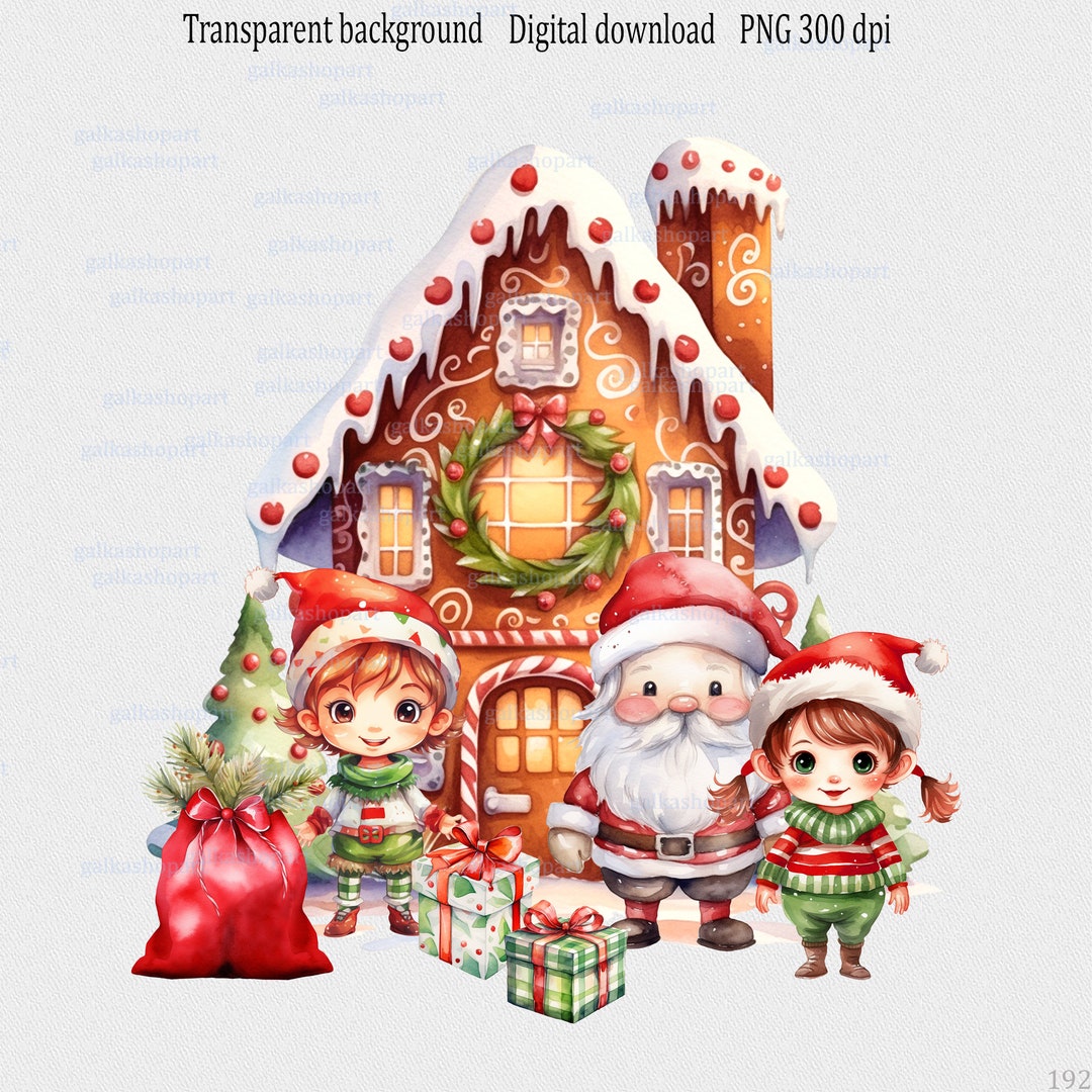 Santa Elves Gingerbread House Sublimation Design Png: Watercolor Winter ...