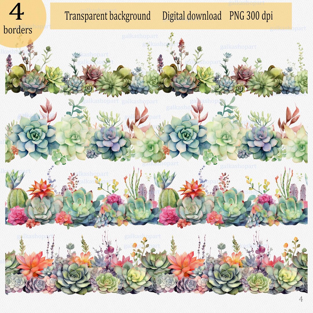 Watercolor Succulents Seamless Border Clipart; Floral Garland PNG ...