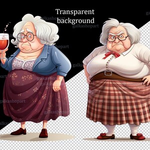 Set of 16 Humorous Caricature of a Funny Fat Grandma Farmer With a ...