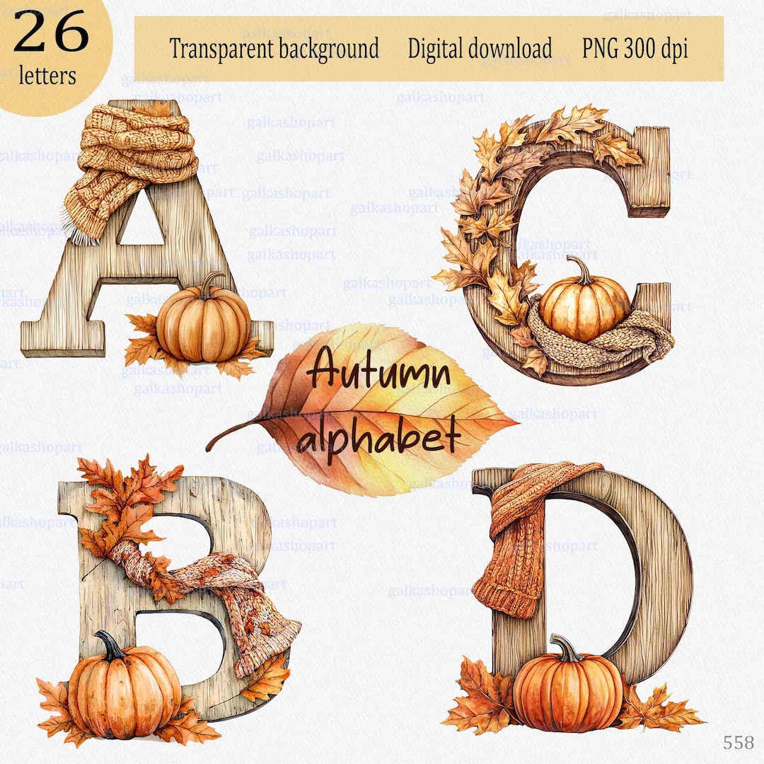 Cozy Autumn Alphabet Pngs Clipart Individual Letters With Leaves ...